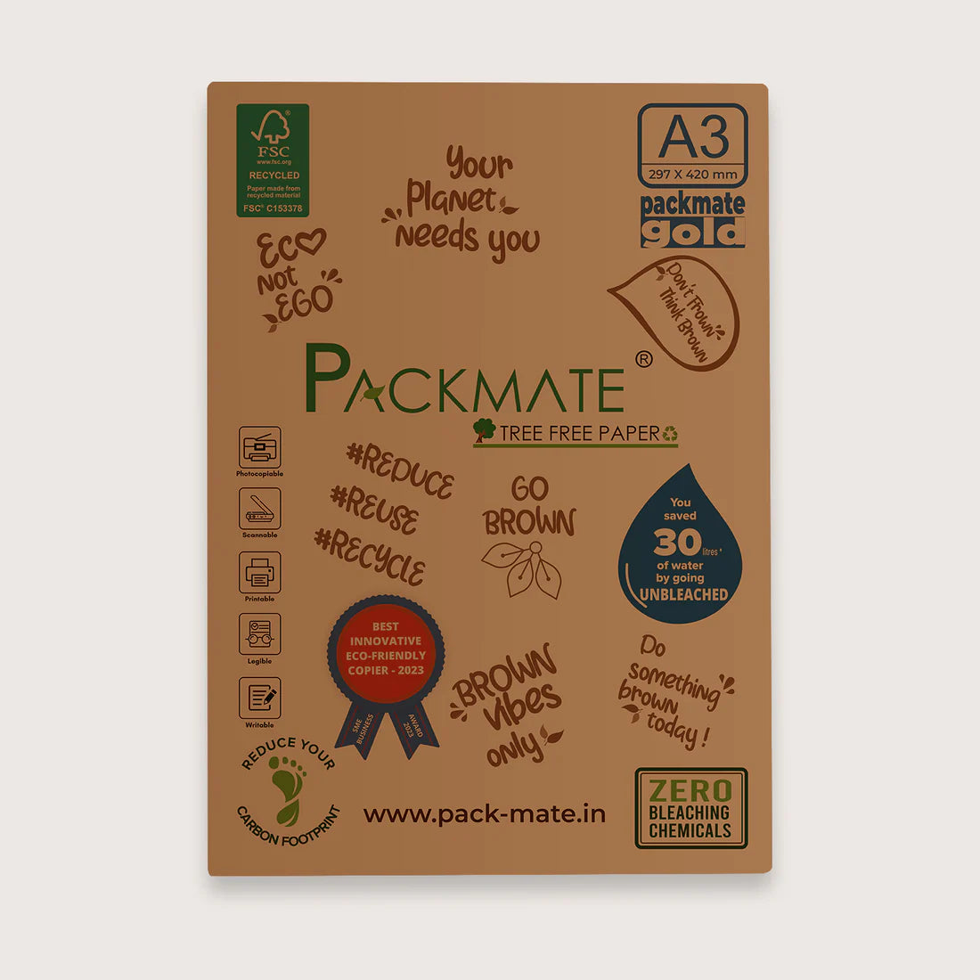 Packmate Gold Copier - A3, 1 Ream, 500 Sheet | Made From 100% Recycled ...